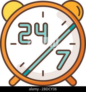 Open 24 7 hours RGB color icon. Twenty four seven store. Hanging retail ...