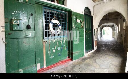 Camogli, Italy - April 11, 2017: door of a store selling cordage and ...