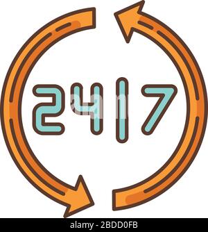 Open 24 7 hours RGB color icon. Twenty four seven store. Hanging retail ...