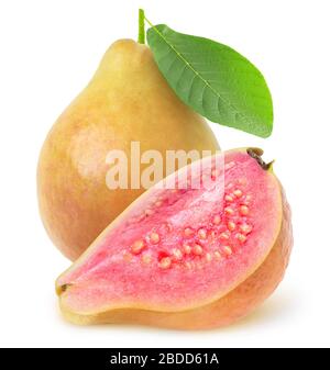 Isolated yellow pink fleshed guava. Whole yellow guava fruit and a half ...