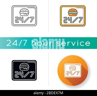 Open 24 7 hours RGB color icon. Twenty four seven store. Hanging retail ...
