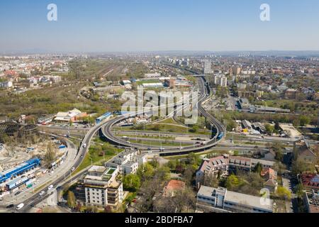 Aerial view of the M3 motorway, Junction 3, with the A322 near Bagshot ...