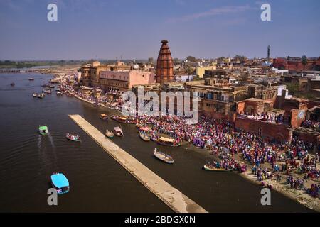 View of Ghat at Yamuna river, Vrindavan, Mathura, Uttar Pradesh, India ...