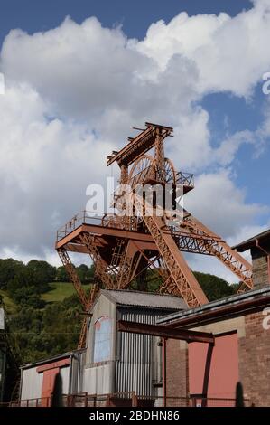 Rhondda Valley, Wales - August 2017: A pit head wheels and winding gear ...