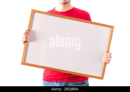 Man holding a white sign, ideal template for mockups, written phrases ...