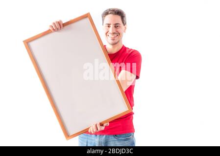 Man holding a white sign, ideal template for mockups, written phrases ...