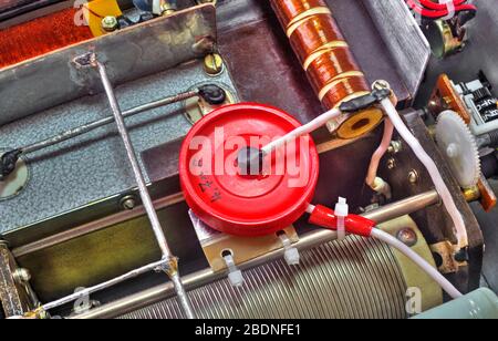 Inside view of high frequency power amplifier with capacitors, coils ...