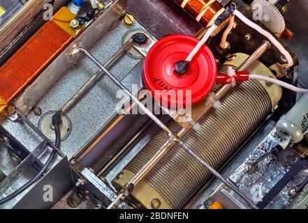 Inside view of high frequency power amplifier with capacitors, coils ...