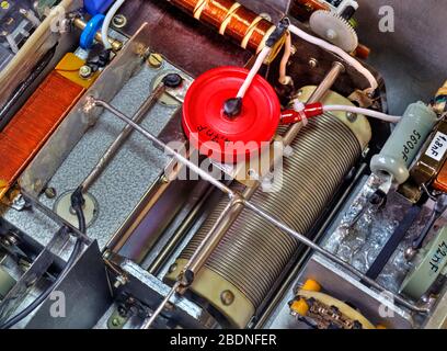 Inside view of high frequency power amplifier with capacitors, coils ...