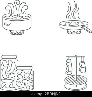 Cooking techniques linear icons set. Blanching, Braising, Broiling ...