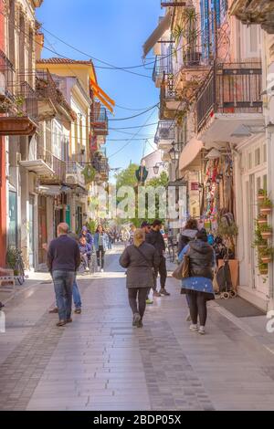 Nafplio, Greece - March 30, 2019: Old town street panorama with ...
