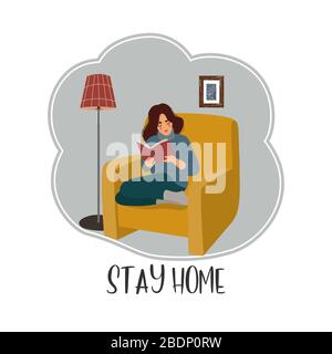 I stay at home. Girl sitting in a armchair near the window in the home ...