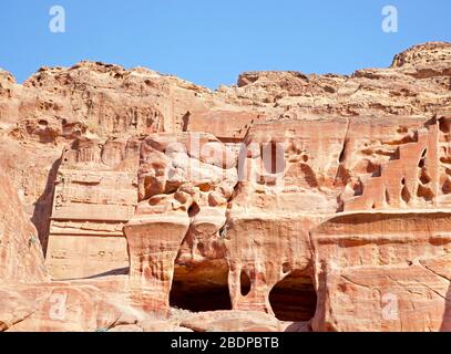 Buildings carved in the stone cliff, in Petra, Jordan; a first century ...