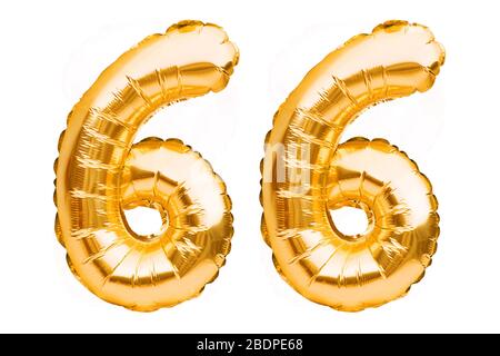 Golden number sixty-six (66 years) on white background with pattern ...