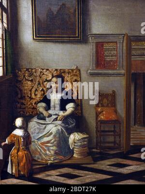 Interior with a Woman sewing and a Child, 1662. De Hooch depicts a ...