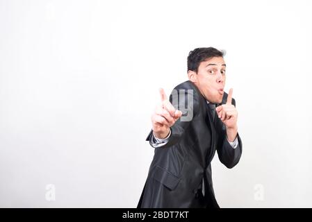 Silly man in suit. White background, Medium shot Stock Photo - Alamy