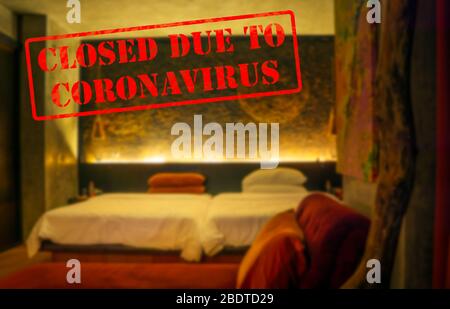 Defocused view of interior of an upmarket hotel or motel room with ...