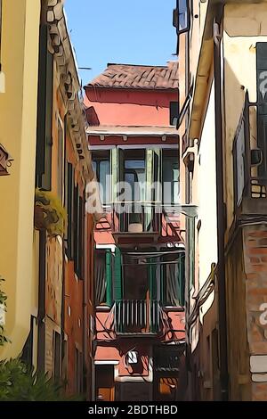The streets of Venice. Beautiful multi-colored houses. The windows are ...