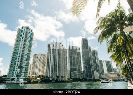 Downtown Miami along the Miami River inlet with Brickell Key in the ...
