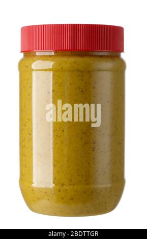 Spicy mustard in glass jar isolated on white Stock Photo - Alamy