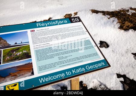 Warning sign at the entrance to the famous Reynisfjara black sand beach ...