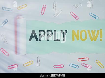 Text sign showing Apply Now. Business photo text request something ...