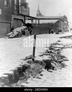 1906 San Francisco earthquake. Fissure in a paved street in San ...