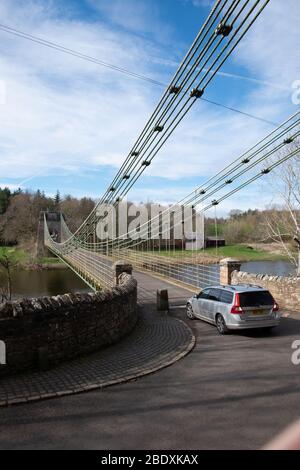 Car crossing the Union Chain Bridge; Berwick-upon-Tweed, Northumberland ...