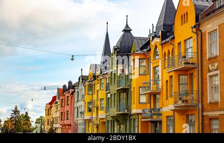 Multicolored facades of buildings in Helsinki, the capital of Finland ...