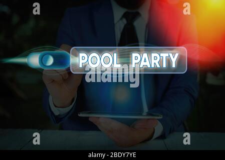Writing note showing Pool Party. Business concept for celebration that ...