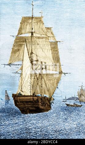 HMS 'Beagle', the ship in which Charles Darwin sailed, in the Straits ...