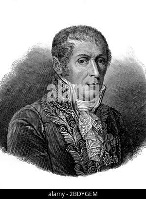 The first Alessandro Volta electric battery. Illustration of the 19th ...