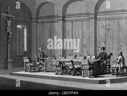 An interrogation room of the Spanish Inquisition with priest and an ...