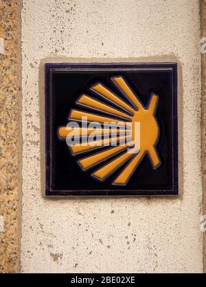 Shell symbol of Camino de Santiago set in pavement in Burgos Stock ...