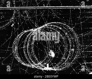 Circular track of 42 Meu positron in 12,000 gauss magnetic field. The ...