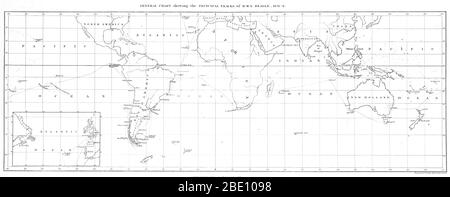 Map charting the voyage of H.M.S. Beagle, 1831-36. The Beagle carried ...