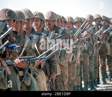 Egyptian soldiers line up in a column to await further orders during ...