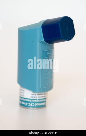 Blue reliever inhaler salbutamol inhaler asthma on a white background ...