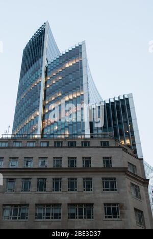 Blue Curved Stepped Skyscraper Highrise Tower Lime Street Lights Dark ...