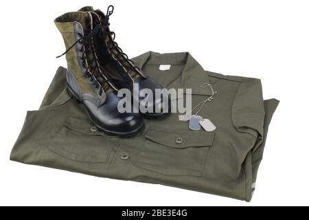 New brand US army utility uniforms shirt and jungle boots with dog tags ...