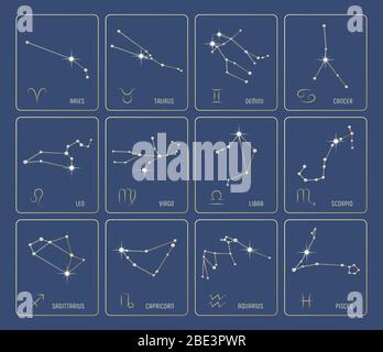 Set of precious Zodiac Constellations with diamond stones. Zodiac Signs ...