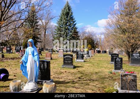 Small, brightly coloured statue of the Virgin Mary (Our Lady of Grace ...