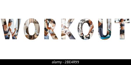 Collage of a group of fit people doing pushups, lifting weights and ...