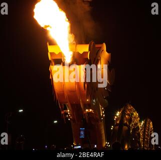 Fire show on Dragon Bridge or Cau Rong Bridge in Da Nang in Vietnam in ...