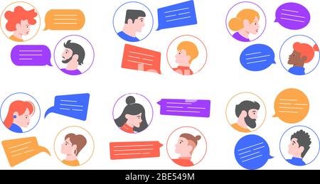 Speaking people. Couple conversation, dialogue bubbles and chat avatars ...