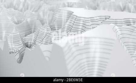 White three-dimensional topographic map. Contour lines on a topographic ...