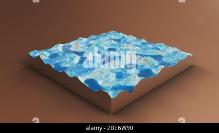Cross section topographic 3D map with water. Contour lines on a ...