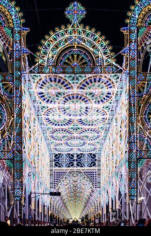 Kobe Luminarie, winter festival of light. Overhead lighting display ...