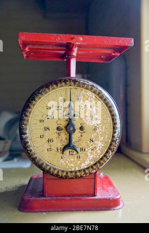 mechanical kitchen scales on wooden background. Measurement of weight ...