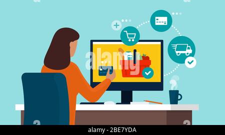 woman buy grocery online using mobile application digital store shop ...